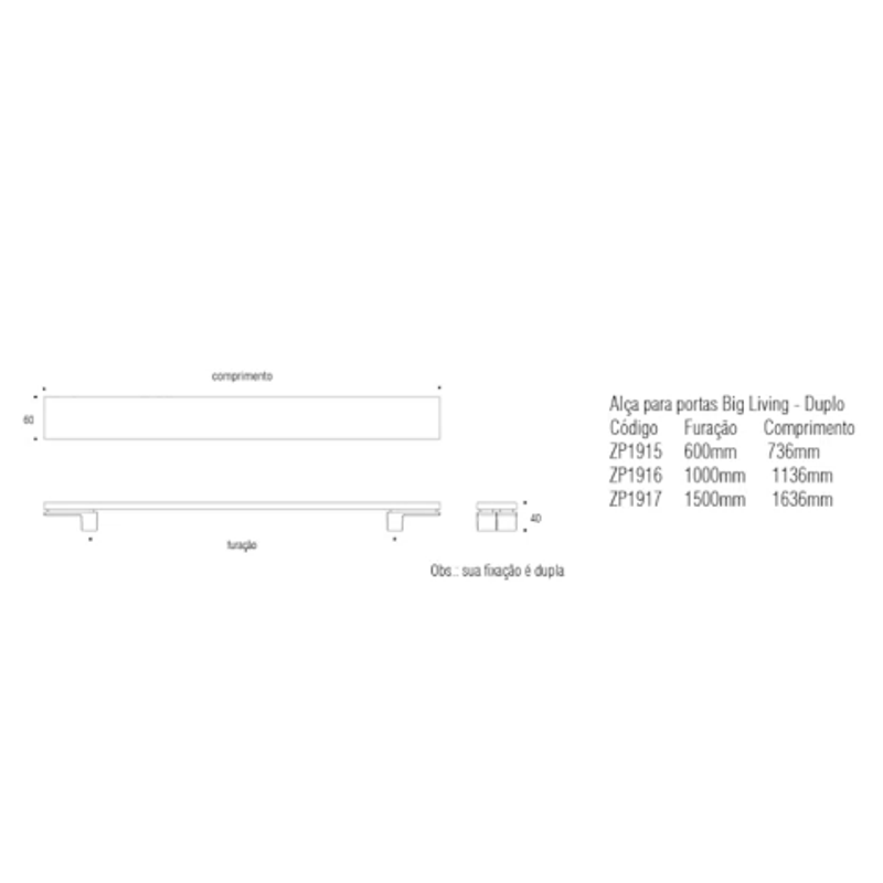 Puxador Big Living Duplo 1000mm Escovado - ferragensfloresta
